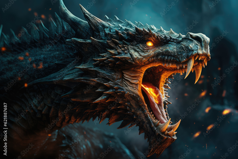 Roar of the Dragon. A majestic dragon roaring with pride and spitting fire, isolated on a solid ...