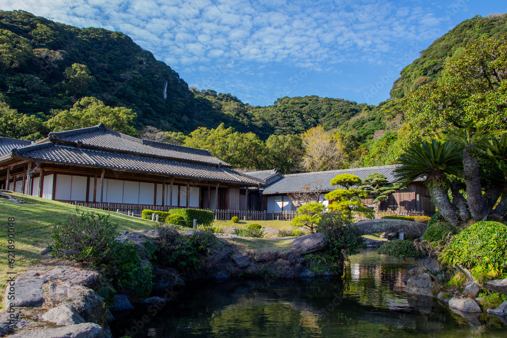 Scenery of Sengan-en, Traditional Japanese Garden in Kagoshima, a pond ...