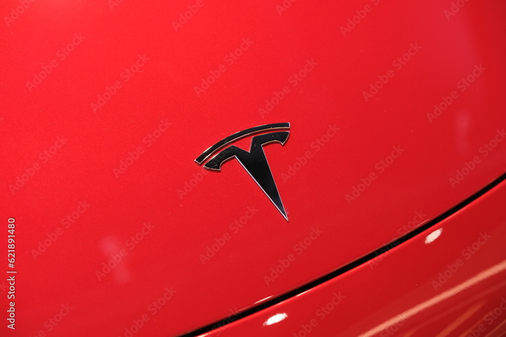 Shanghai,China-July 8th 2023: Tesla car logo. Tesla EV brand logo Stock ...