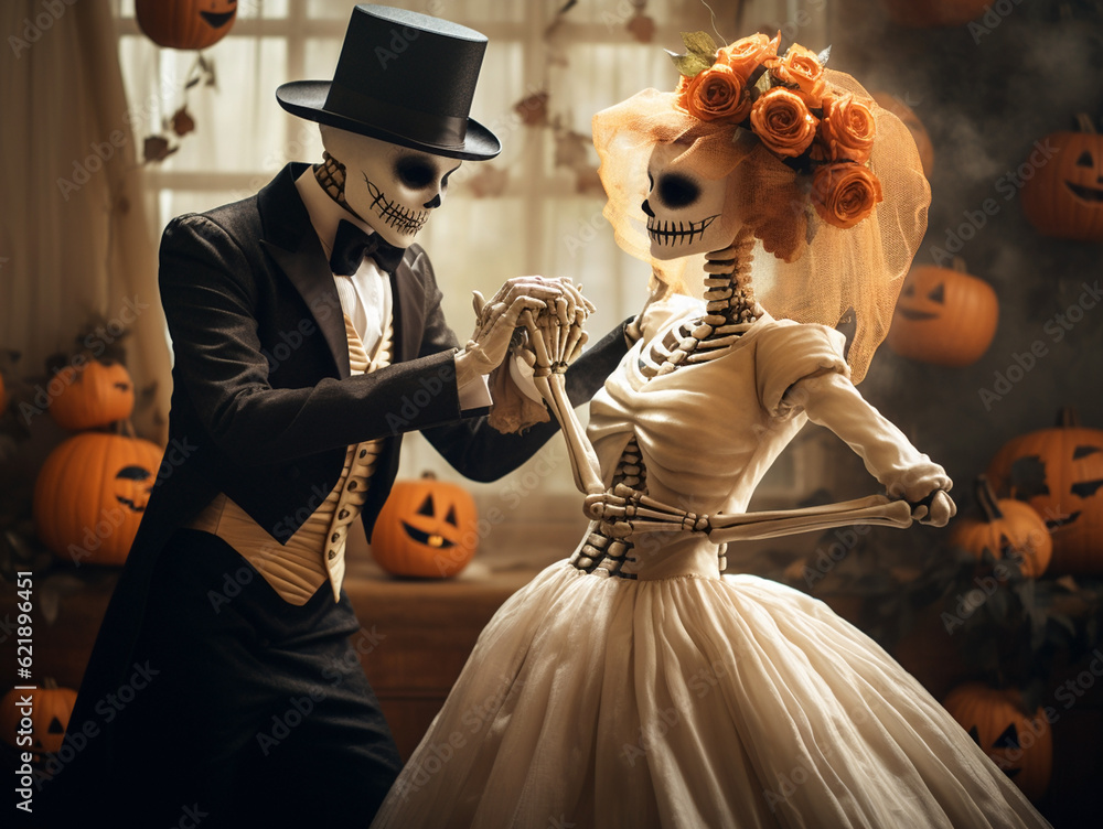 Dancing skeletons in love in the costume of the bride and groom in a ...