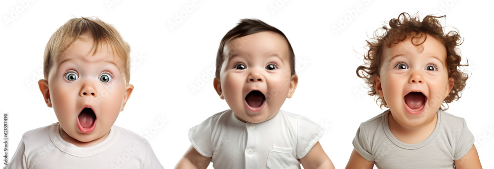 Set of portraits of an excited, shocked, surprised happy Caucasian ...