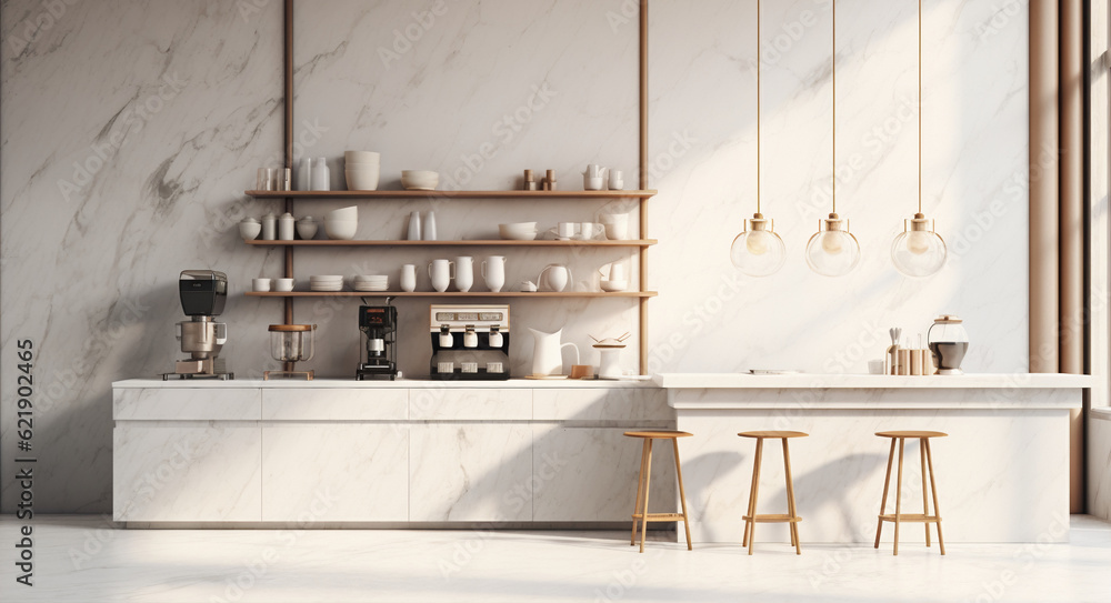 Small modern Korean style design cafe, glossy ivory white round corner ...