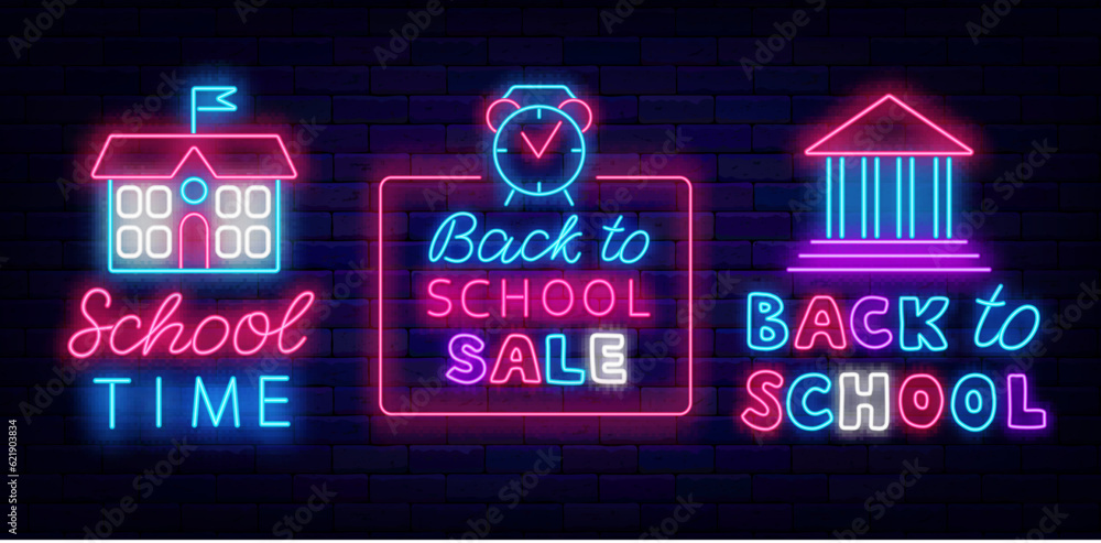 Back to school sale neon emblems collection. Clock and school building ...