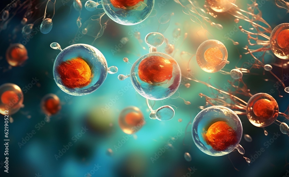 Human cell or embryonic stem cell. Cells of the body under a microscope ...