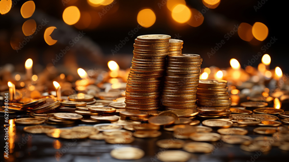 Gold coins and bars on a table with bokeh in the back. Generative AI ...