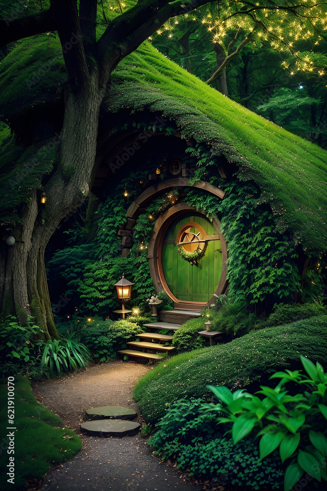 A breathtaking hobbit house, standing as a beacon of charm and mystique ...
