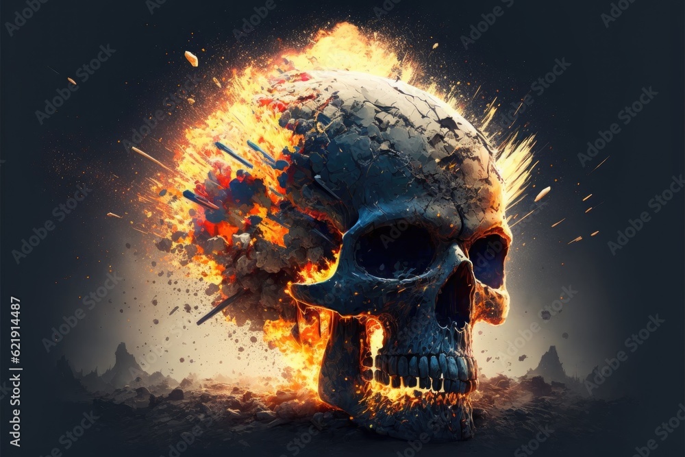 Exploding human skull in dark background. Side view. Stock Illustration ...