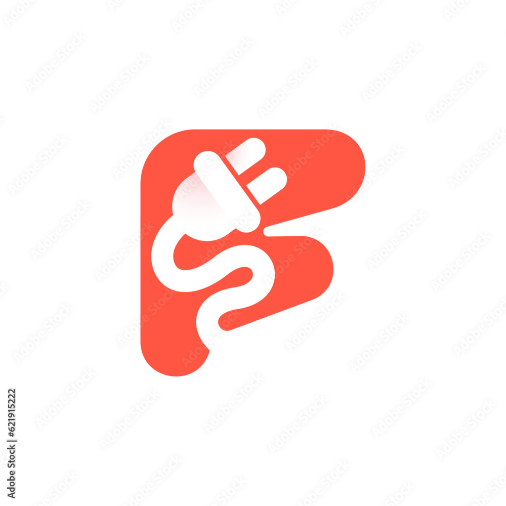 Vetor de Letter F with electrical plug logo. Negative space technology ...