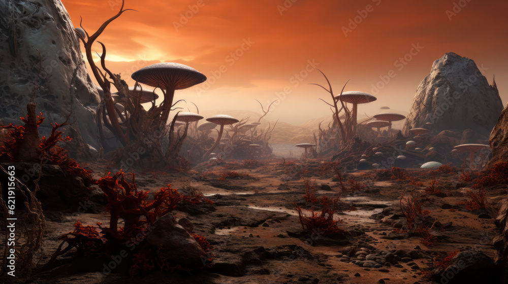 landscape of Mars with water and atmosphere, as the birthplace of life ...