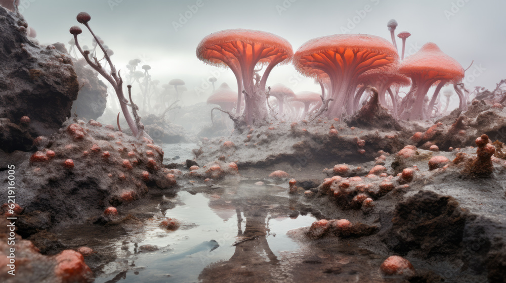 landscape of Mars with water and atmosphere, as the birthplace of life ...