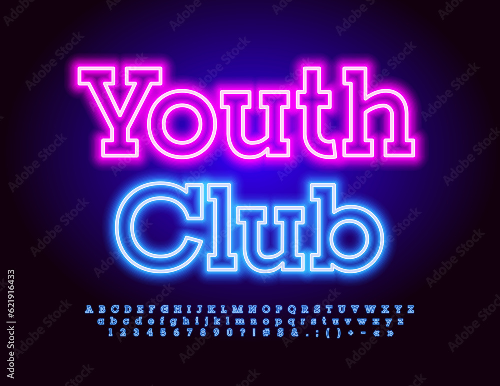 Vector glowing poster Youth Club. Trendy Neon Font. Bright Alphabet ...