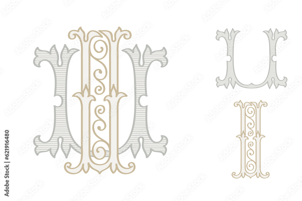 U letter wedding monogram creator kit. Elegant historical style ...