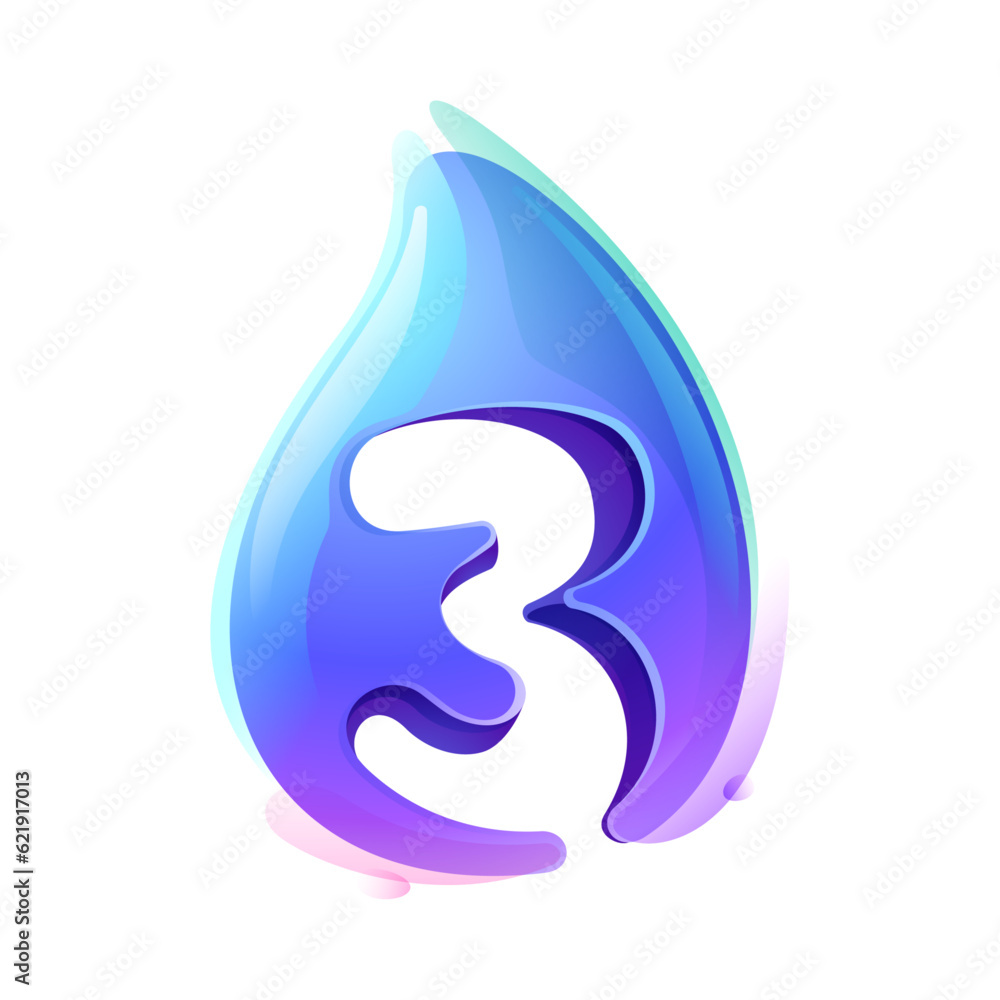 3 logo. Pure water drop number three logo. Eco-friendly 3D realistic ...