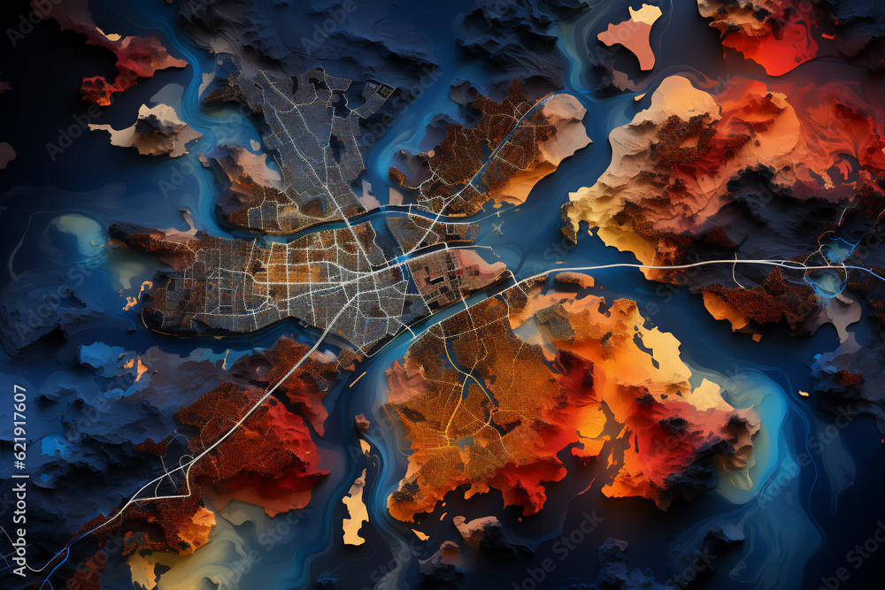 GIS digital representation of city urban areas, including roads and ...