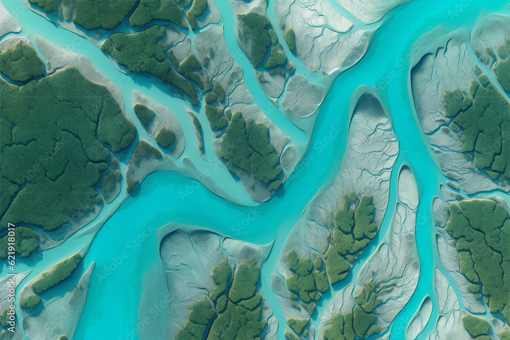 Digital elevation model of a riverway. A meandering and curving river ...