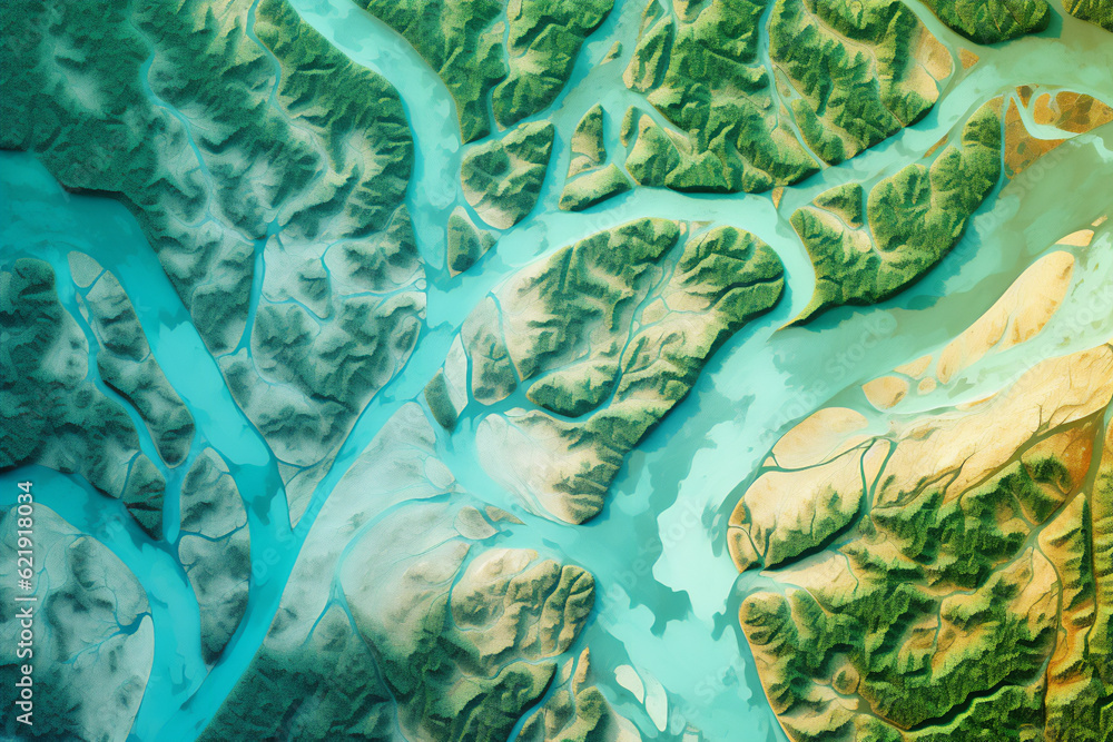 Digital elevation model of a riverway. A meandering and curving river ...