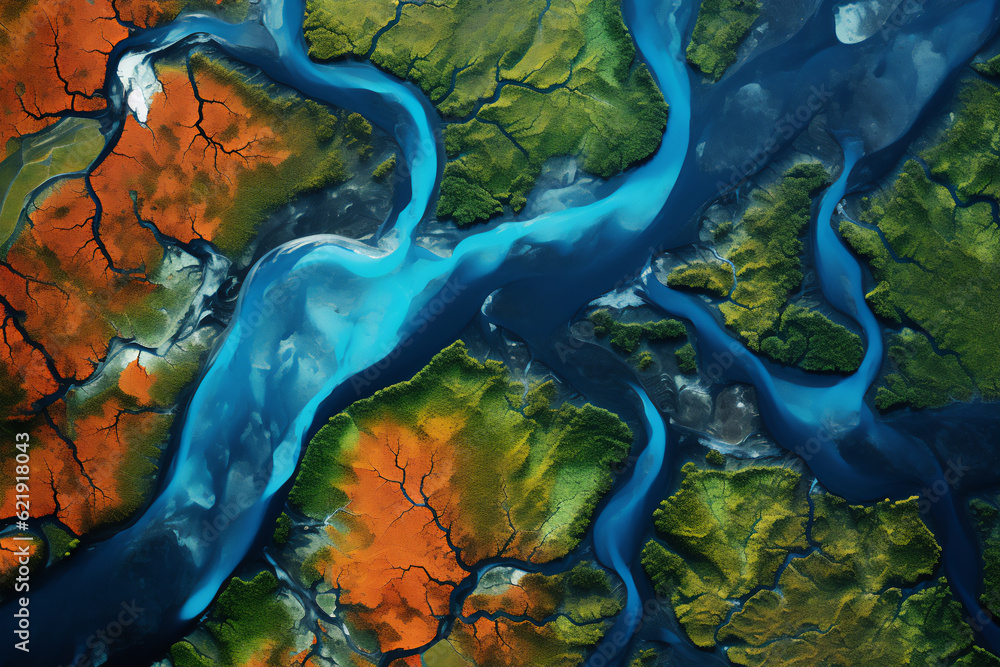 Digital elevation model of a riverway. A meandering and curving river ...