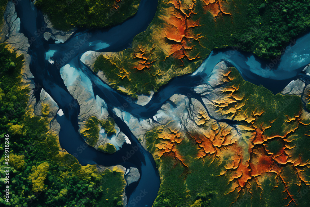 Digital elevation model of a riverway. A meandering and curving river ...