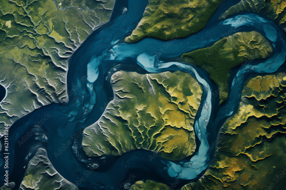 Digital elevation model of a riverway. A meandering and curving river ...