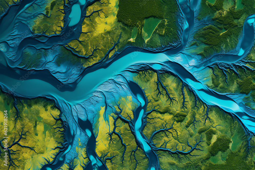 Digital elevation model of a riverway. A meandering and curving river ...