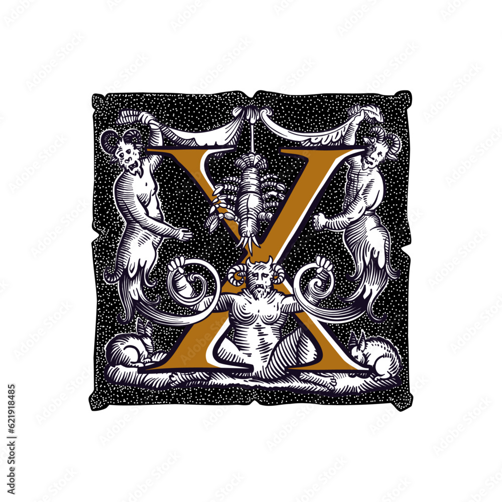 Witchcraft letter X logo. Gothic medieval initial. Devil, cancer and ...