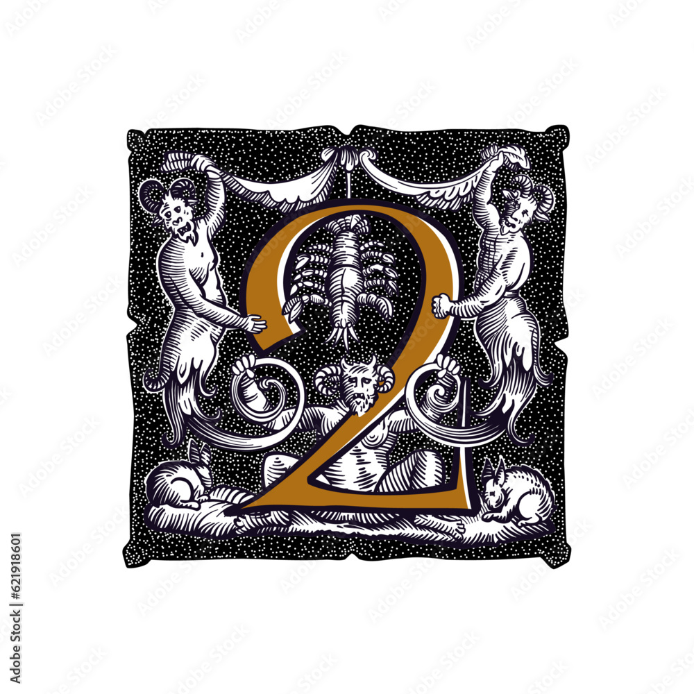 2 logo. Witchcraft number two sign. Gothic medieval initial. Devil ...