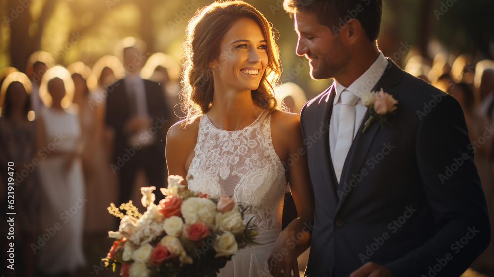 Bride and groom at the end of the ceremony on a sunny day, bride and ...