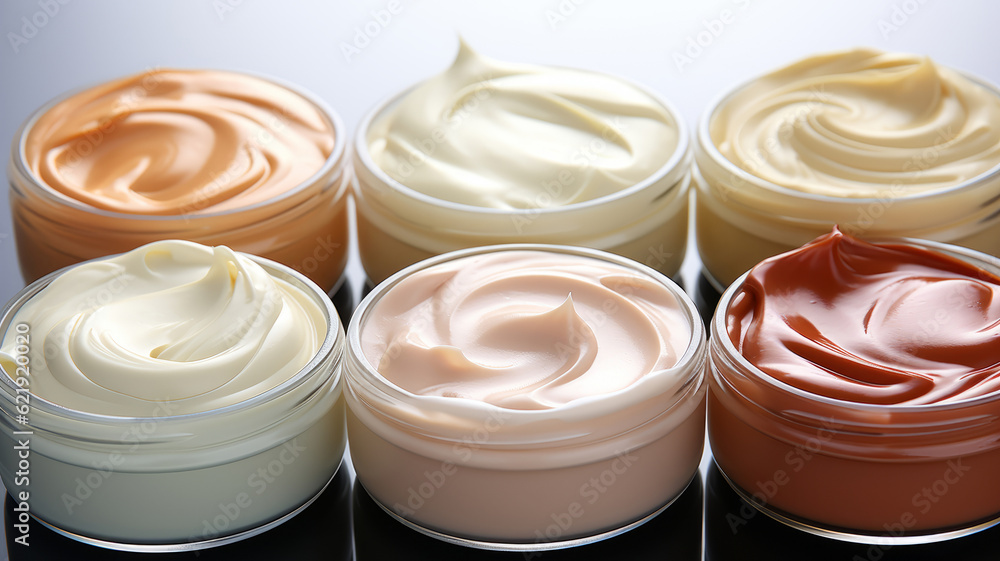 different types of creams are shown in various containers. Generative ...