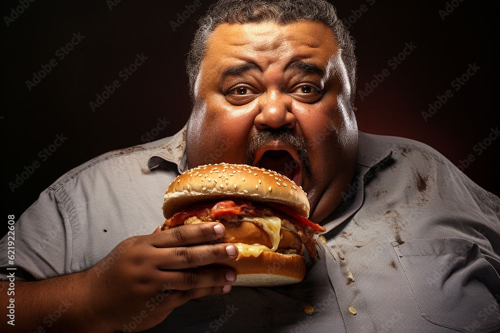 Spanish fat man with a big burger. Obese middle aged man eating ...