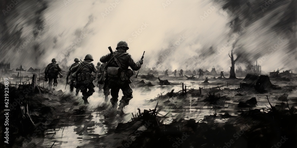 Charcoal sketch of D-Day invasion scene on June 6 1944 in Normandy. Ai ...