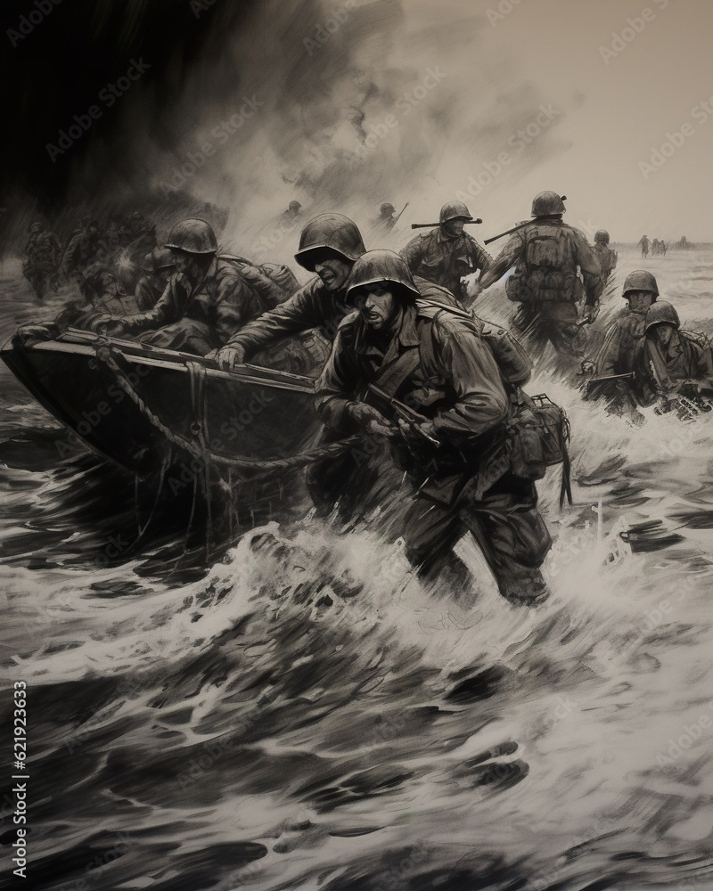 Charcoal sketch of D-Day invasion scene on June 6 1944 in Normandy. Ai ...
