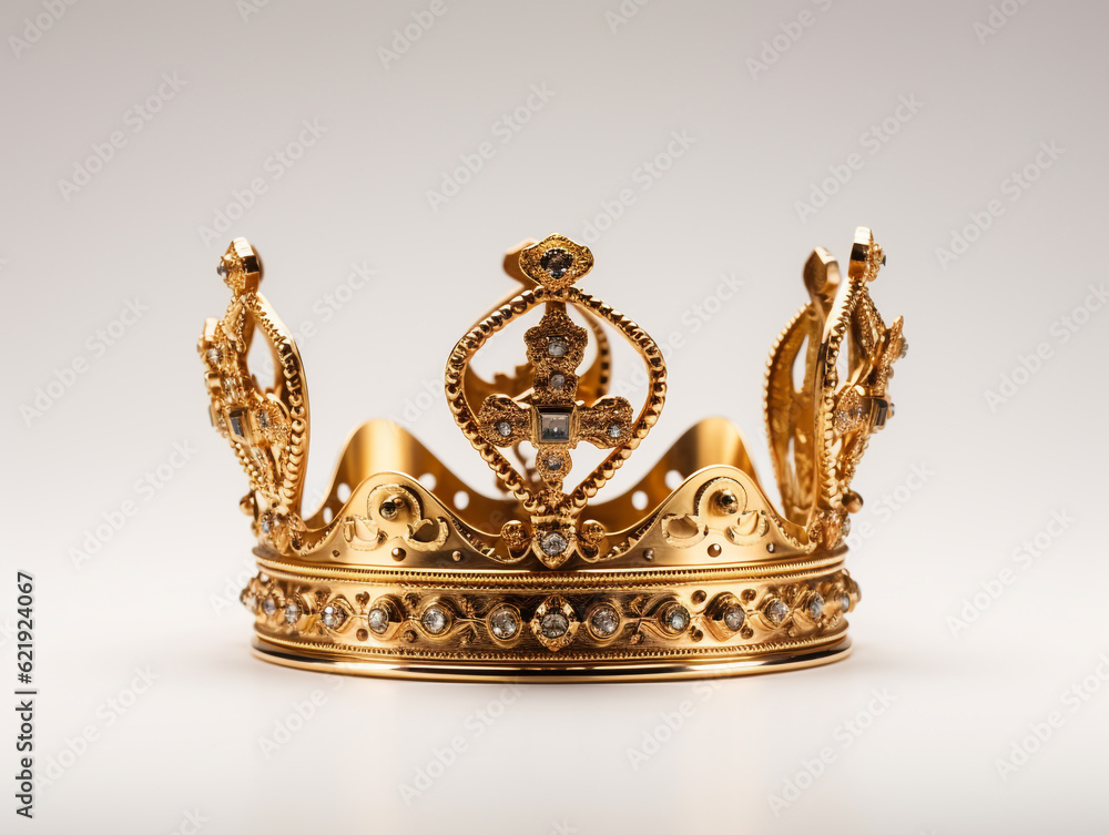 A king crown made of gold isolated on plain background. Decorated with ...