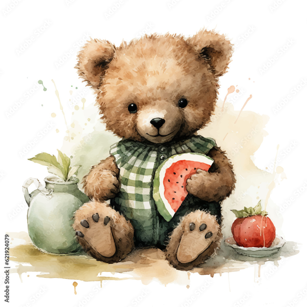 Teddy bear holds in its paws and eats a slice of watermelon watercolor ...