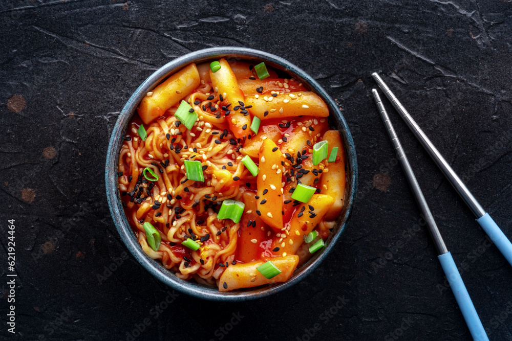 Rabokki, tteokbokki or topokki with ramen, Korean street food, spicy ...