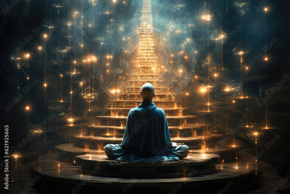 Bald man sitting and meditating at the base of an ethereal staircase ...