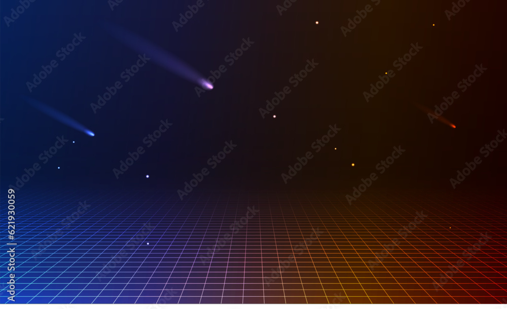 80s Retro Sci-Fi Background Futuristic Grid landscape. Digital cyber ...