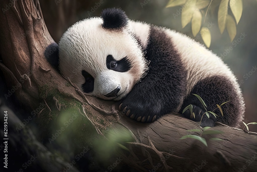 Sleeping panda. Cute baby panda sleeps on a tree. AI generated Stock ...