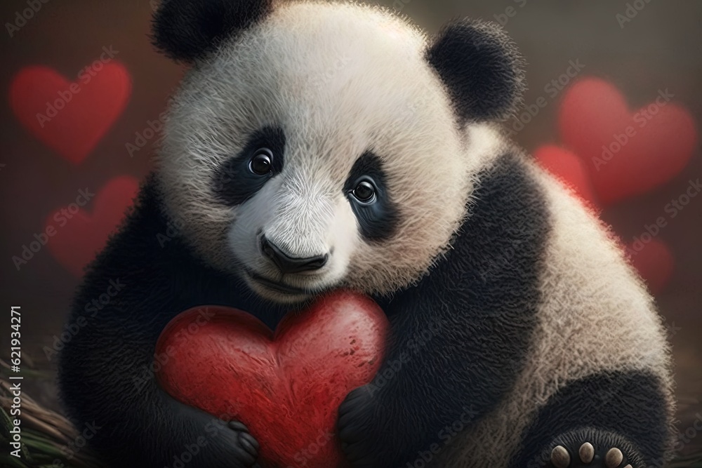 Cute panda with a red heart in its paws. Greeting card. AI generated ...