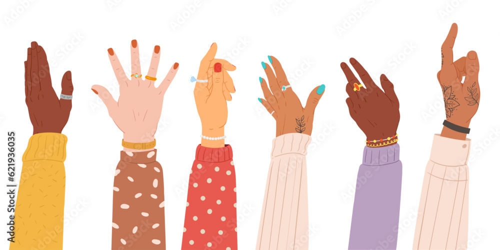 Human hands. Cartoon diverse arms raised up, different skin colours ...