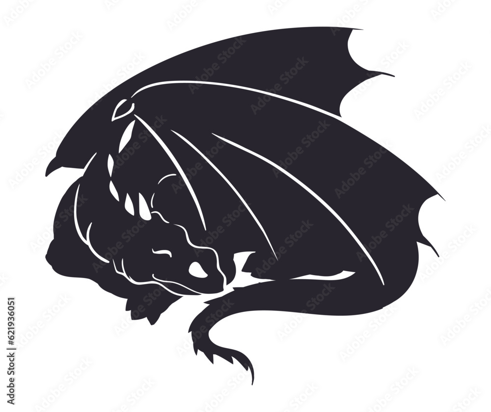 Sleeping dragon silhouette. Cartoon winged fantasy reptile, fairy tale ...