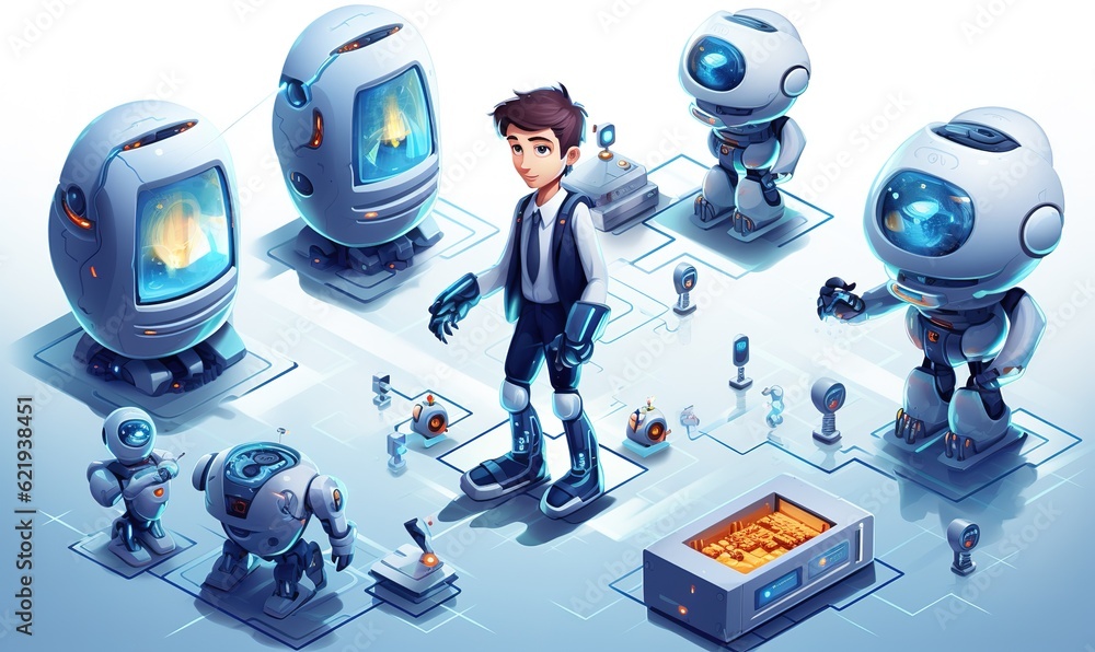 manager checks and controls robot arm automation in smart industrial ...