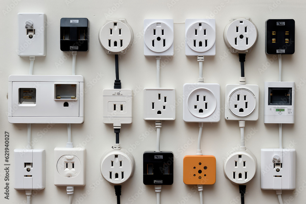 Many Plastic sockets on gray wall background. Creative wallpaper for ...