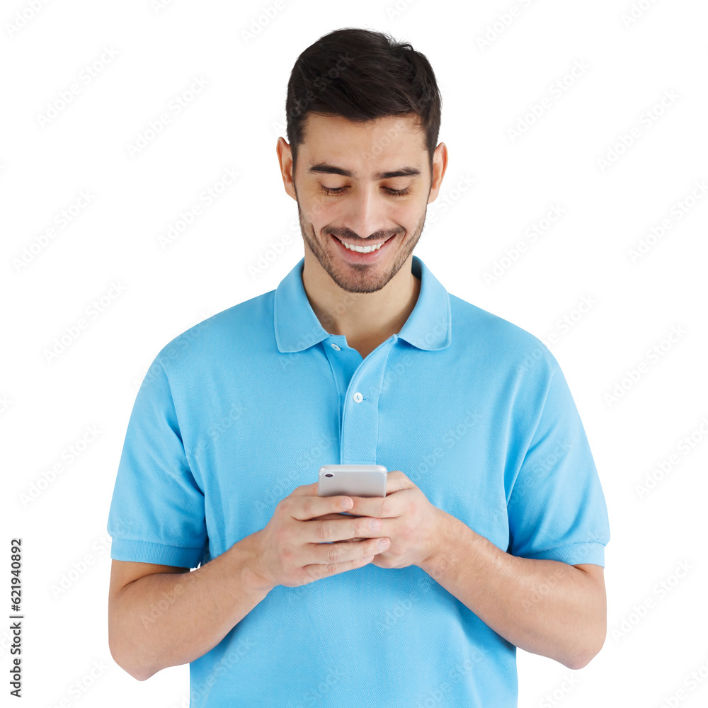Young man standing looking at screen of his phone with smile, chatting ...