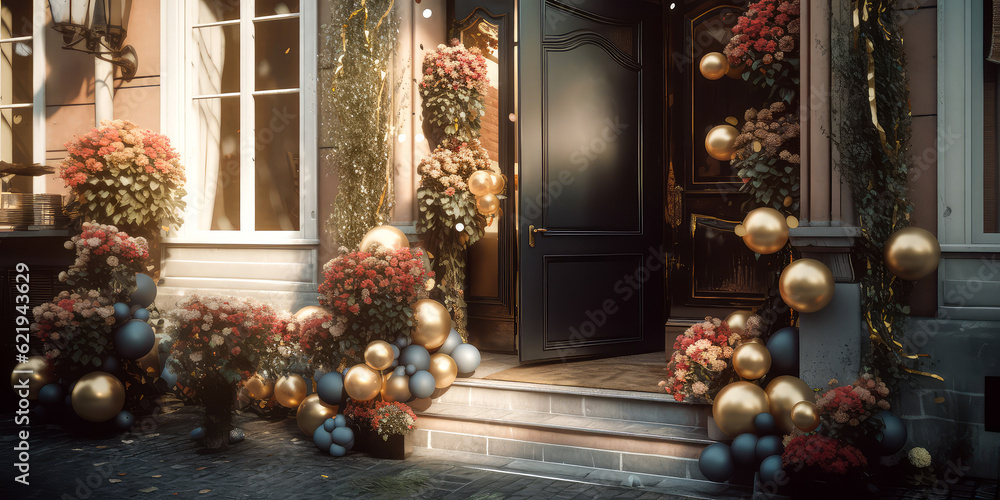 Arch of balloons with flowers.Decorated entrance door Exterior facade ...