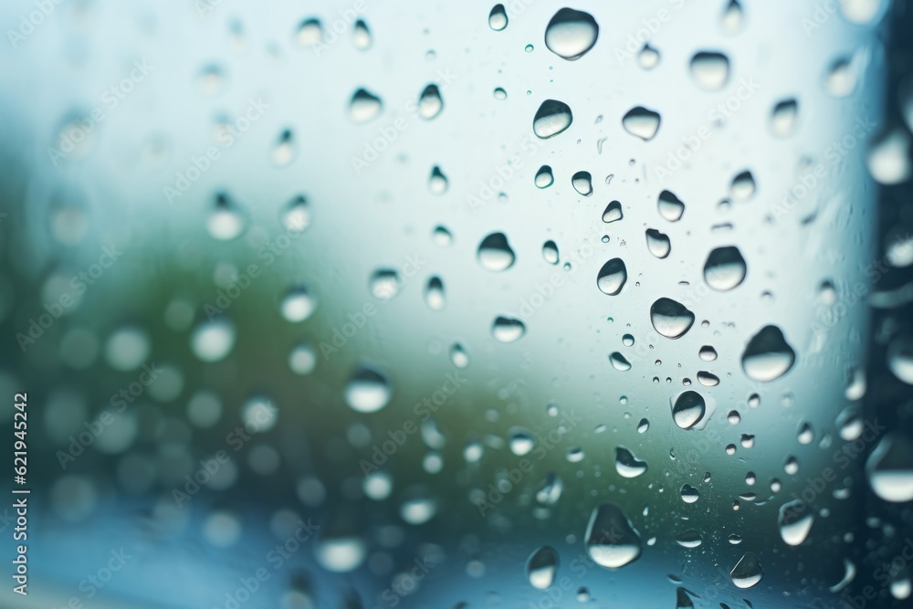 Shiny raindrops splashes falling cascading down wet glossy foggy glass ...