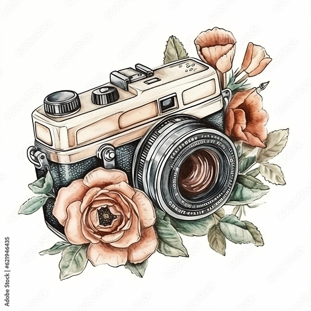 Watercolor photo camera with flowers. Sketch style illustration, hand ...