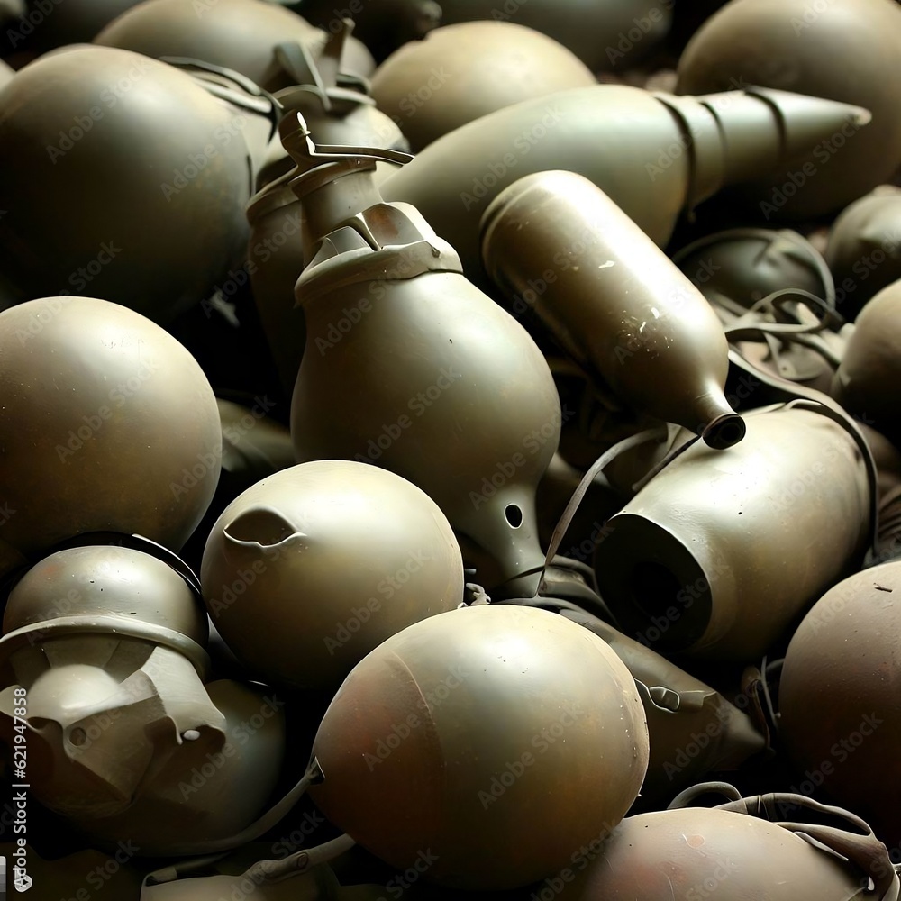 Close-Up Pile of Defused Combat Cluster Sub-munition Munitions Bombs ...