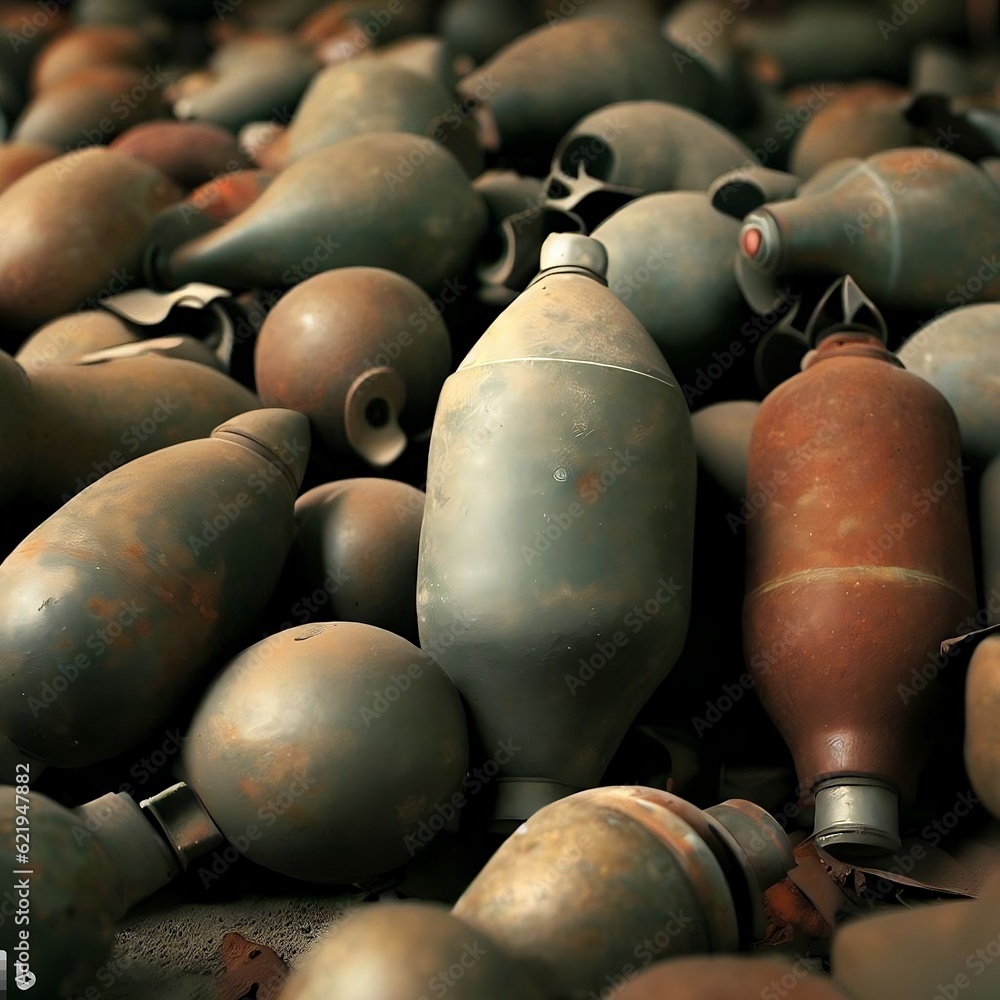 Close-Up Pile of Defused Combat Cluster Sub-munition Munitions Bombs ...