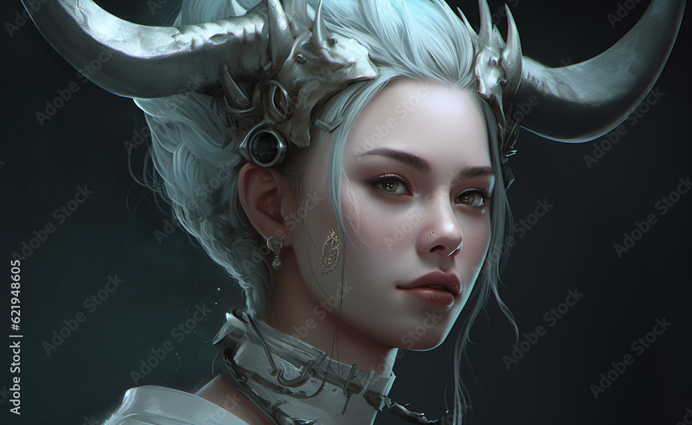 Forest Horned Goddess Magic Fantasy Character Woman Face Portrait ...