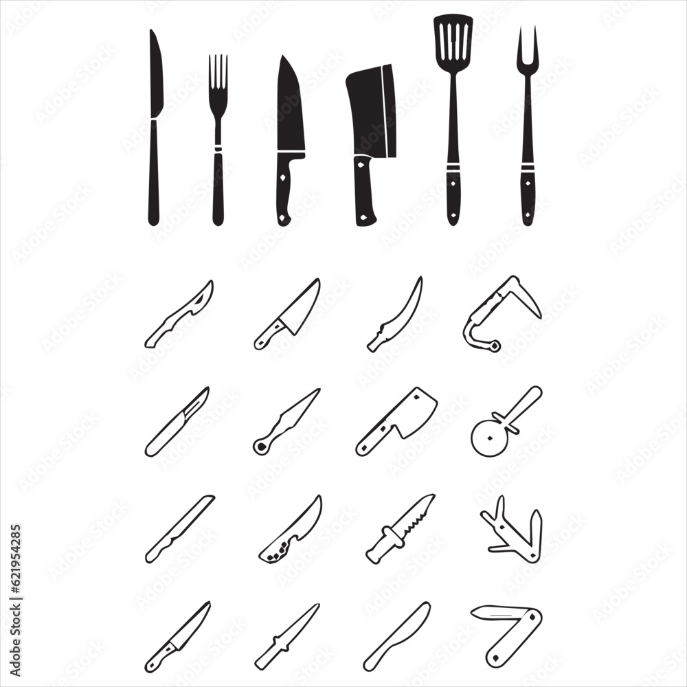 Vector illustration meat cutting knives set. Set of butcher meat knives ...